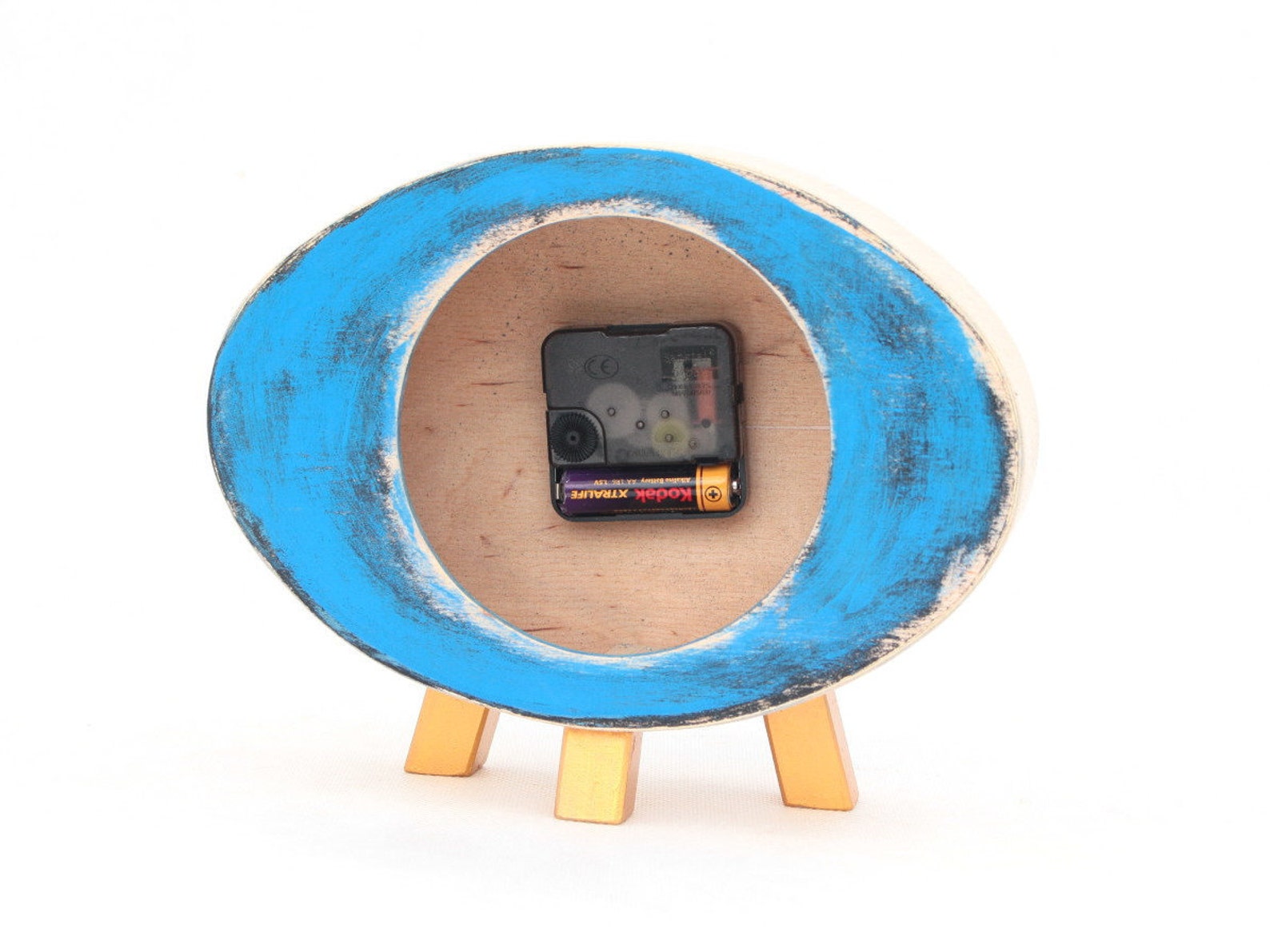 Wood Clock, Gold Blue Table Clock, Desk Ellipse Distressed Clock, Oval ...