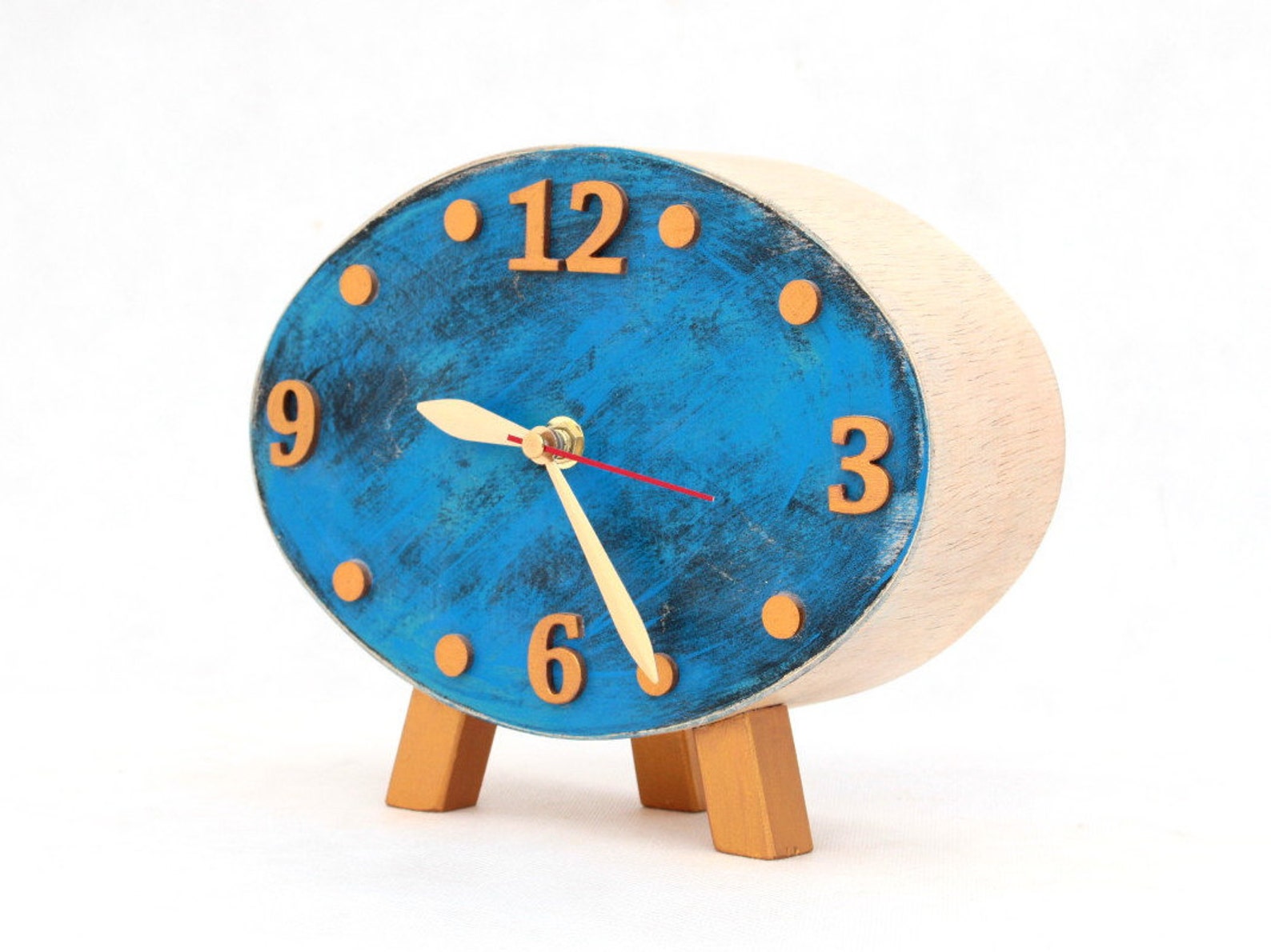 Wood Clock Gold Blue Table Clock Desk Ellipse Distressed - Etsy