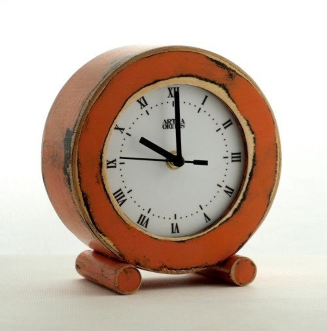Desk Clock Orange, Circle Wooden Rusty Clock, Table Clock Tangerine ...