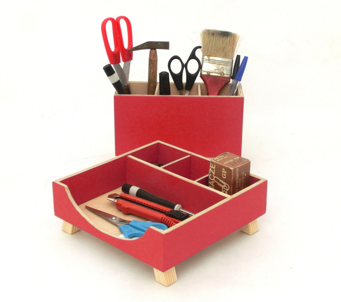 Red Desk Wood Organizer Desktop Organizer Set Office - Etsy