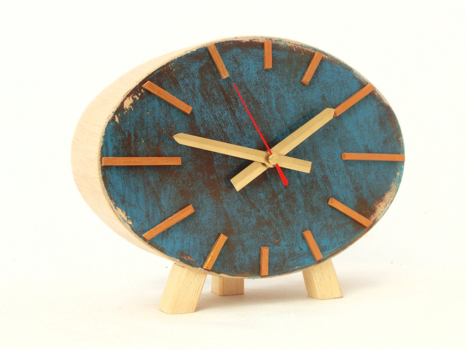 Turquoise Gold Table Wood Clock, NO TICKING Ellipse Brown Gold decor in ...