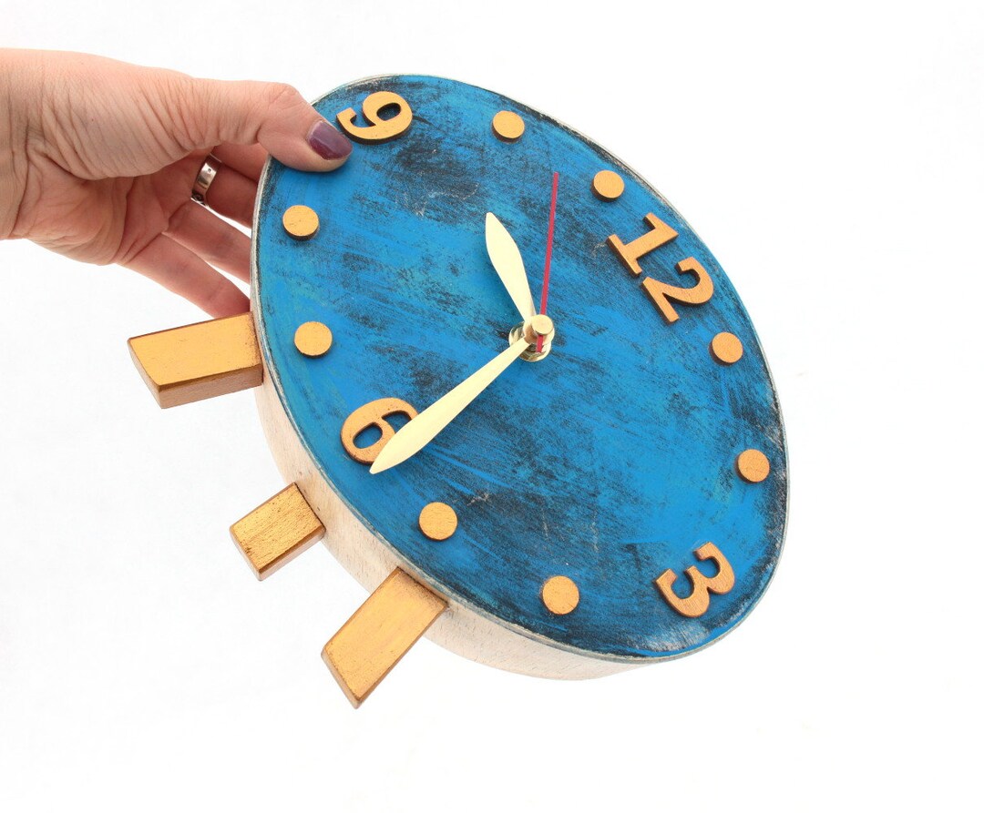 Wood Clock, Gold Blue Table Clock, Desk Ellipse Distressed Clock, Oval ...