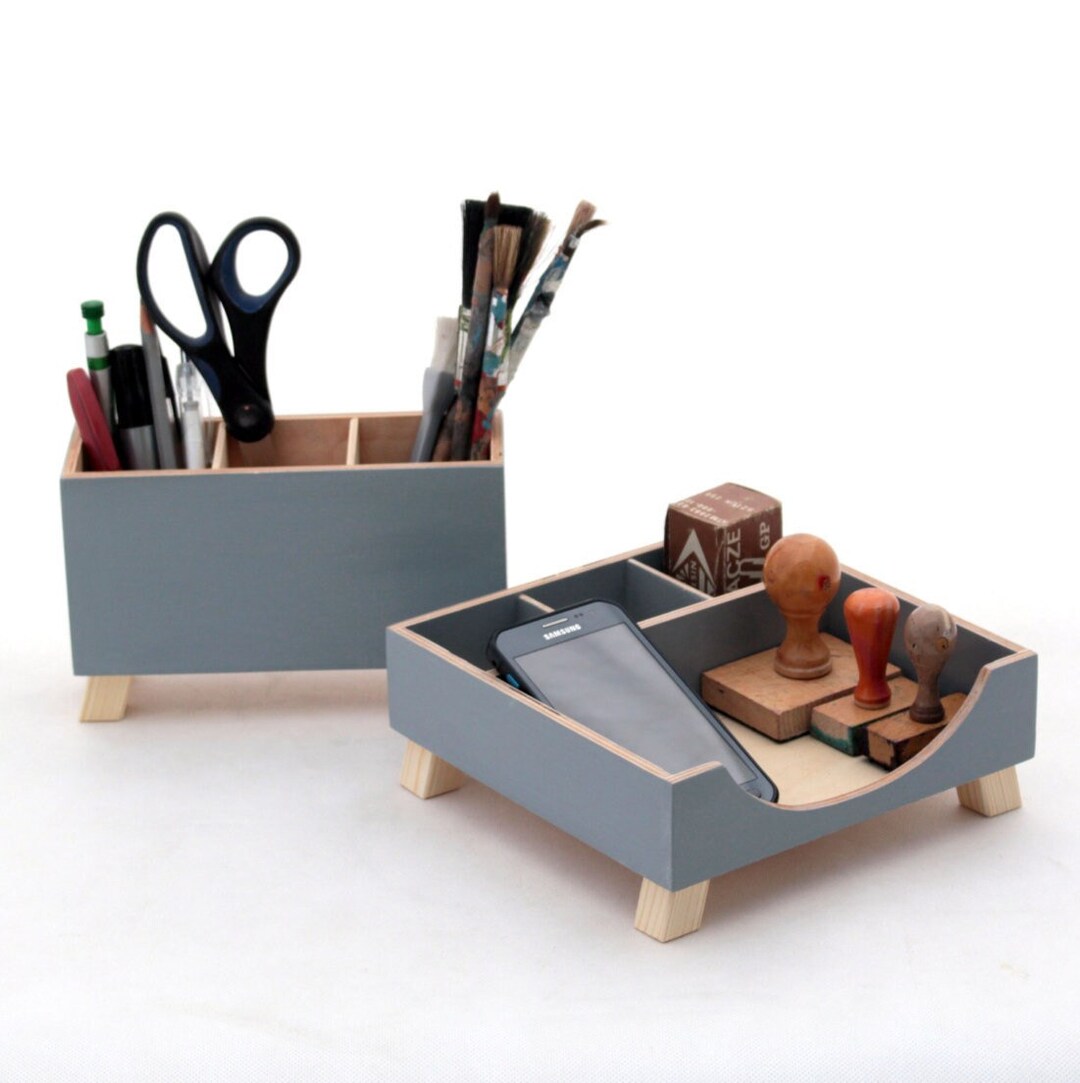 Grey Desk Organizer, Office Desk Wood Set, Gray Desk Organizer by Artma ...