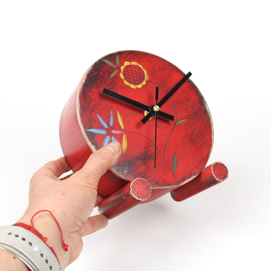 Czerwony zegar biurkowy Fuma Wood Folk Art, ozdoba kwiatowa, cichy, bez ...