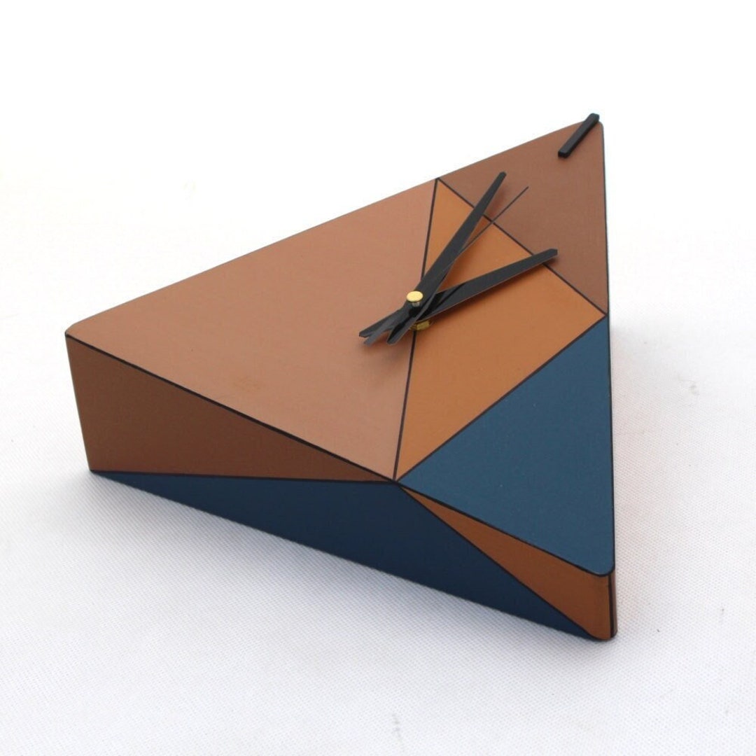 Geometric Wood Wall Clock, Triangle Brown Blue Orange Clock, Unique ...