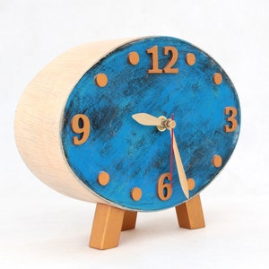 Wood Clock, Gold Blue Table Clock, Desk Ellipse Distressed Clock, Oval ...