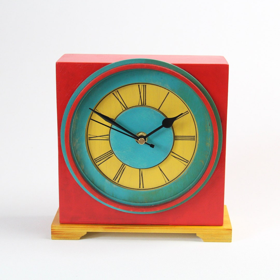 Vintage Style Wood Mantel Clock: Red Turquoise Yellow Distressed Decor ...