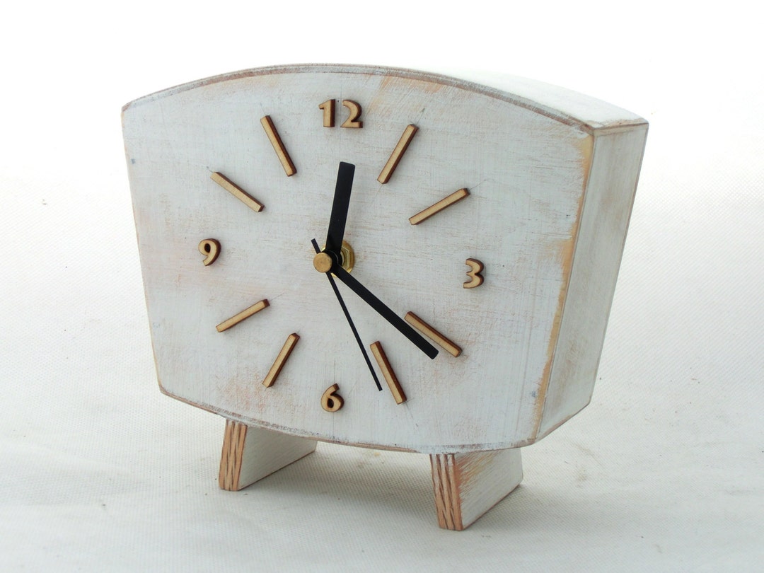 Table Clock, Desk White Wood Clock, Vintage Style 60s, Unique Wooden ...