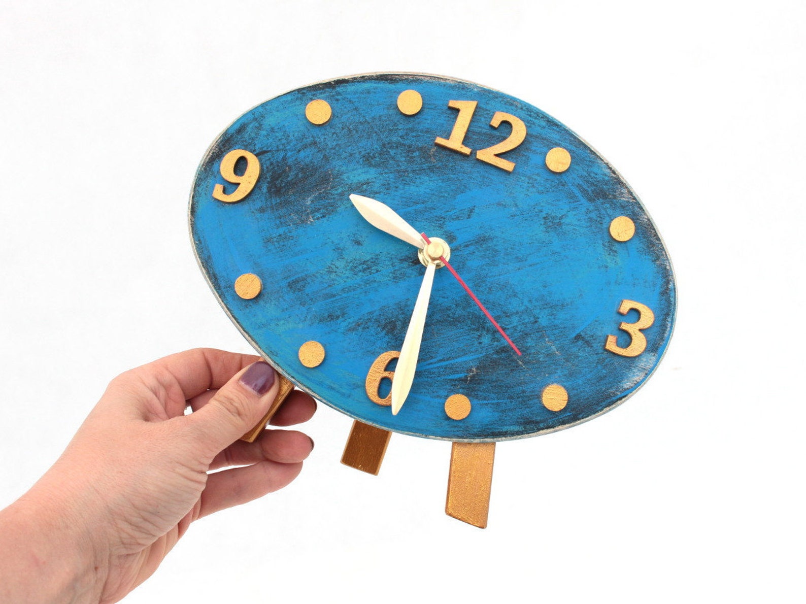 Wood Clock Gold Blue Table Clock Desk Ellipse Distressed - Etsy