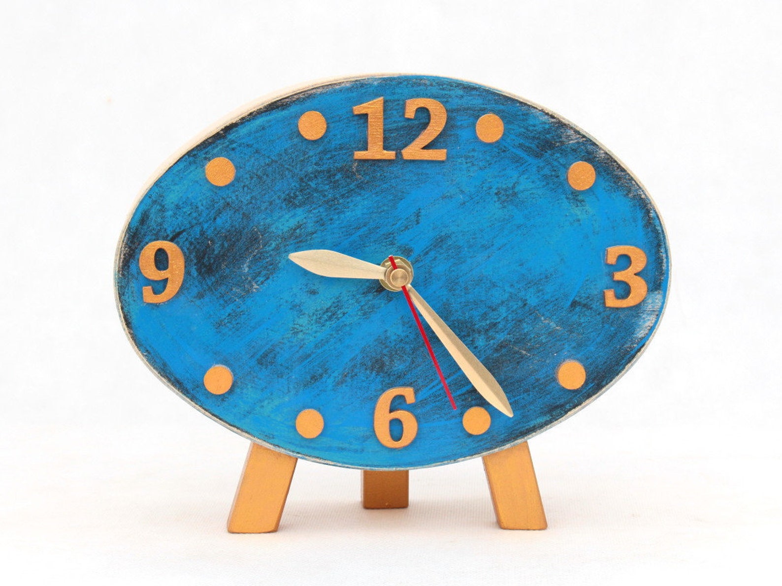 Wood Clock Gold Blue Table Clock Desk Ellipse Distressed | Etsy