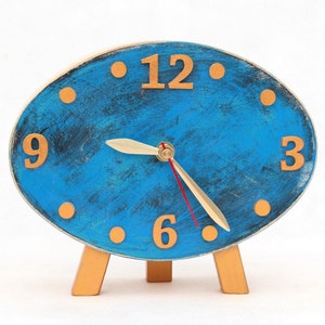 Wood Clock, Gold Blue Table Clock, Desk Ellipse Distressed Clock, Oval ...