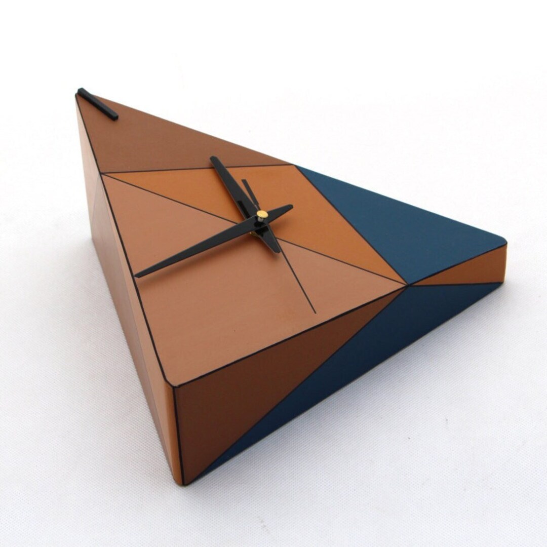 Geometric Wood Wall Clock, Triangle Brown Blue Orange Clock, Unique ...