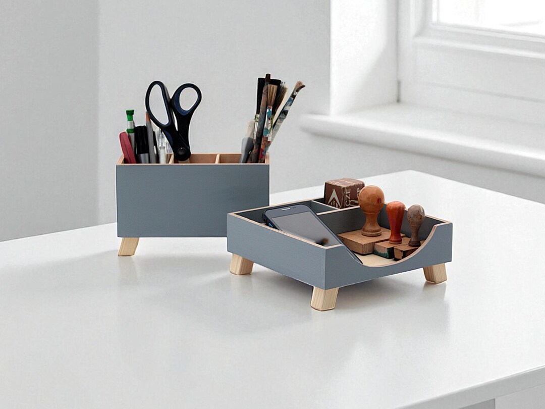 Gray Desk Organizer, Wood Pencil Holder, Office Storage Box Set for ...