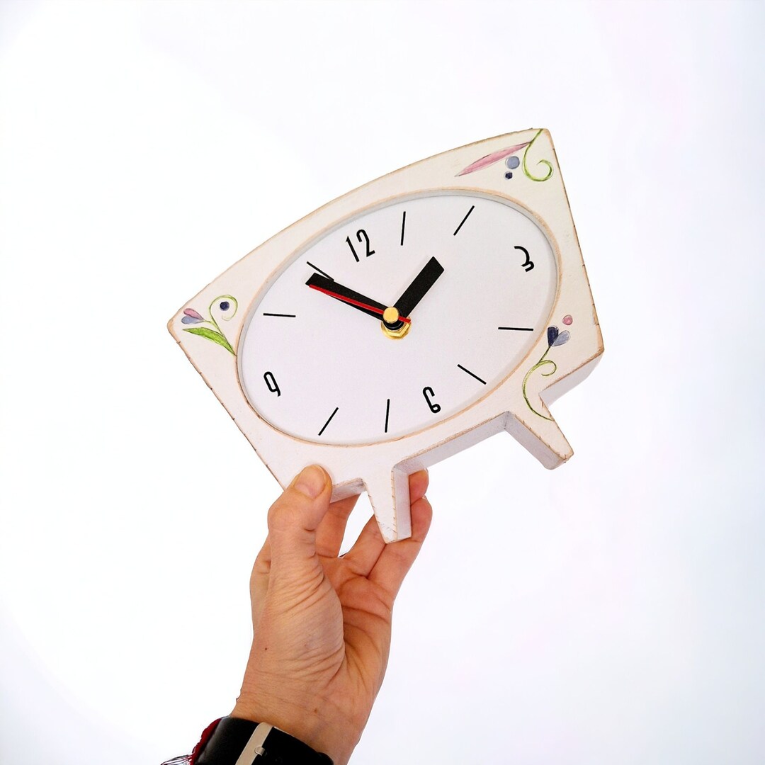 Wood Desk White Clock, Folk Art Tabletop Clock Handpaint in Flowers ...