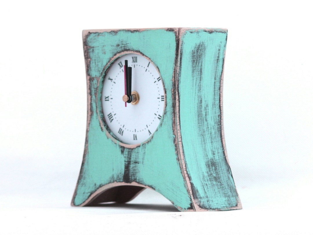 NO TICKING Mint Green Brown Table Clock Silent Wood Clock for - Etsy