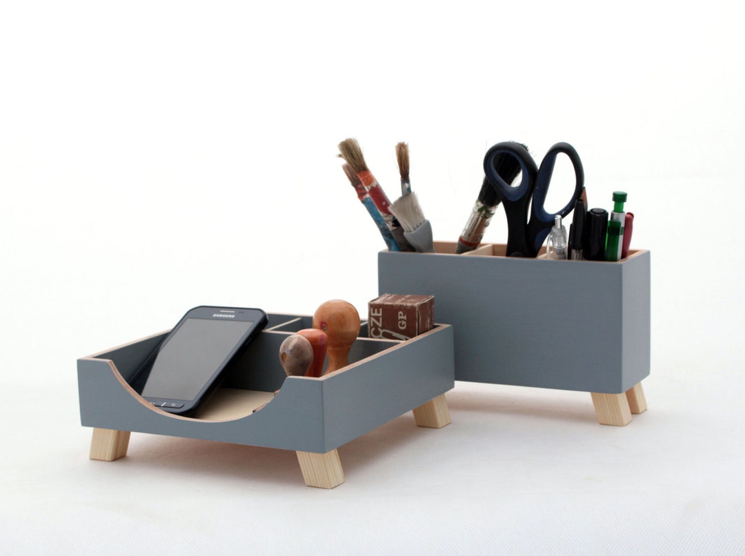 Grey Desk Organizer, Desk Office Accessories, Handmade Desk Storage ...