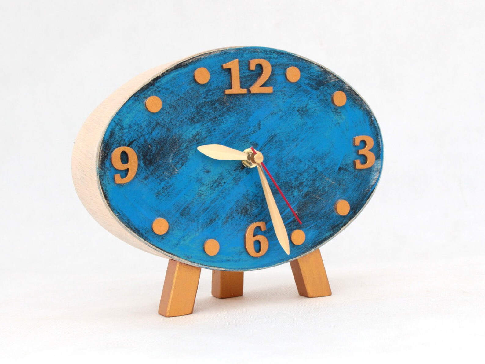 Wood Clock Gold Blue Table Clock Desk Ellipse Distressed - Etsy