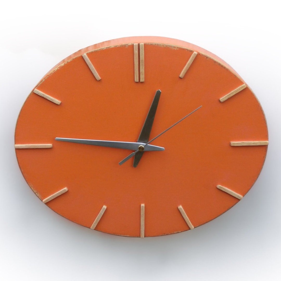 Orange Wood Wall clock, Plywood Ellipse Acrylic Paint clock, Unique ...