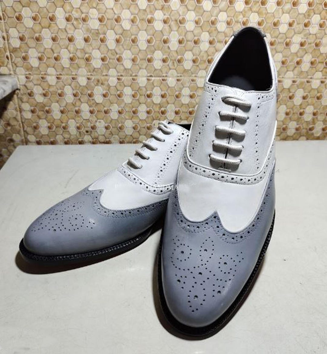Handmade White & Grey Color Genuine Calf Leather Wingtip Brogue's Shoes ...