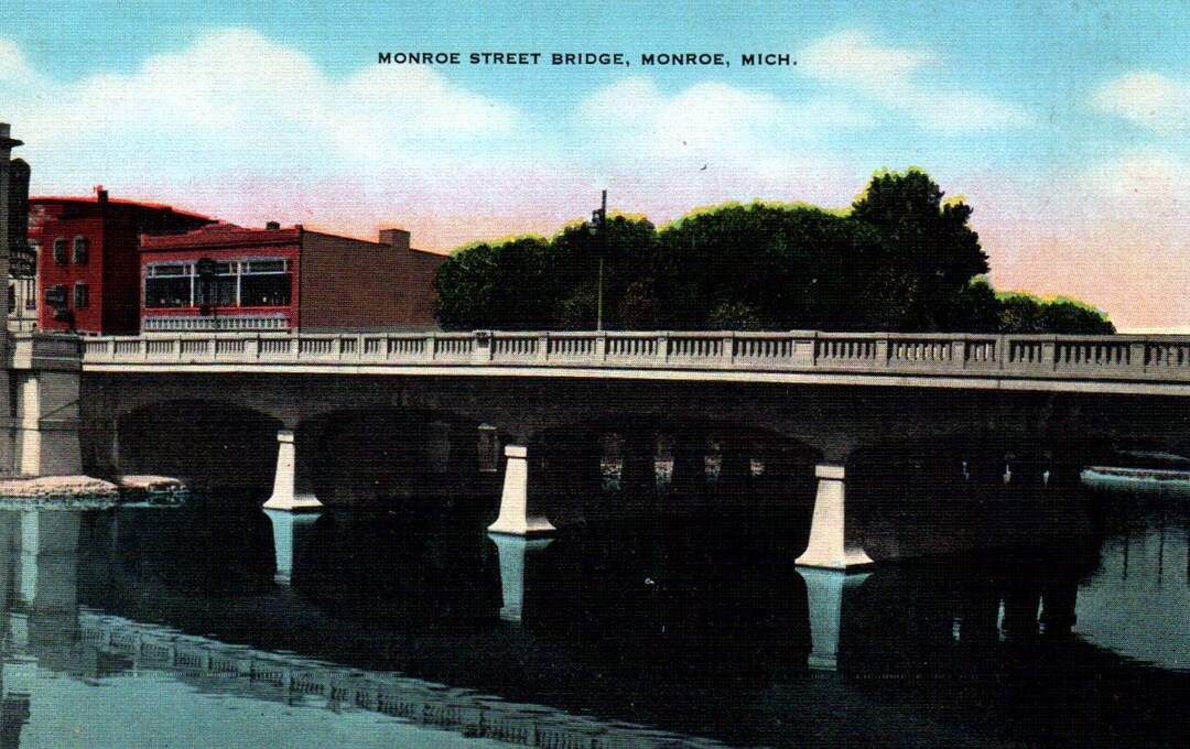 Monroe, Michigan, Monroe Street Bridge, Postcard, Linen Postcard ...