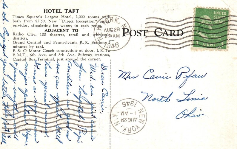 Vintage Postcard, Hotel Taft, New York City, New York, 1946, New York ...