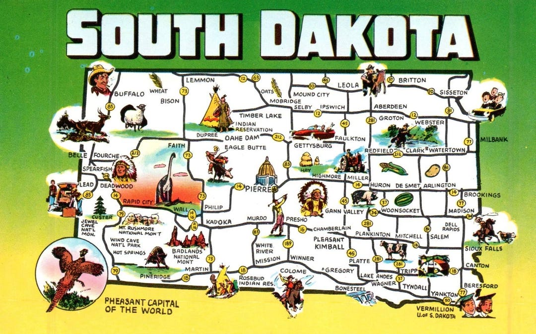 Vintage Postcard, South Dakota, State Map, Ephemera, Antique, Tourist ...
