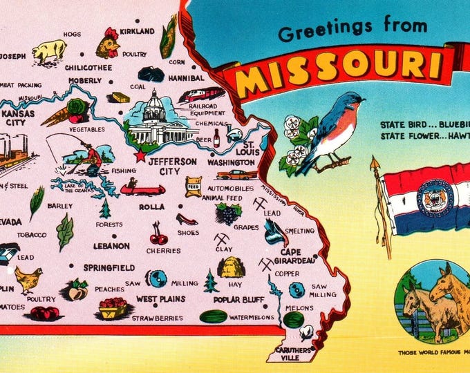 Vintage Postcard, Missouri, State Map, Missouri Map, State Map Postcard ...