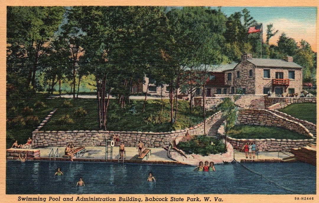 Linen Postcard, Babcock State Park, West Virginia, Swimming Pool ...