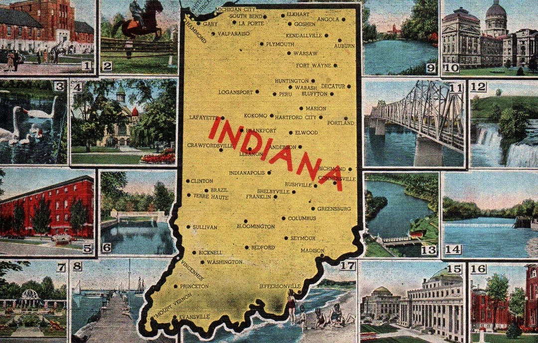 Vintage Postcard, Indiana, State Map, Indiana Postcard, Linen Postcard ...