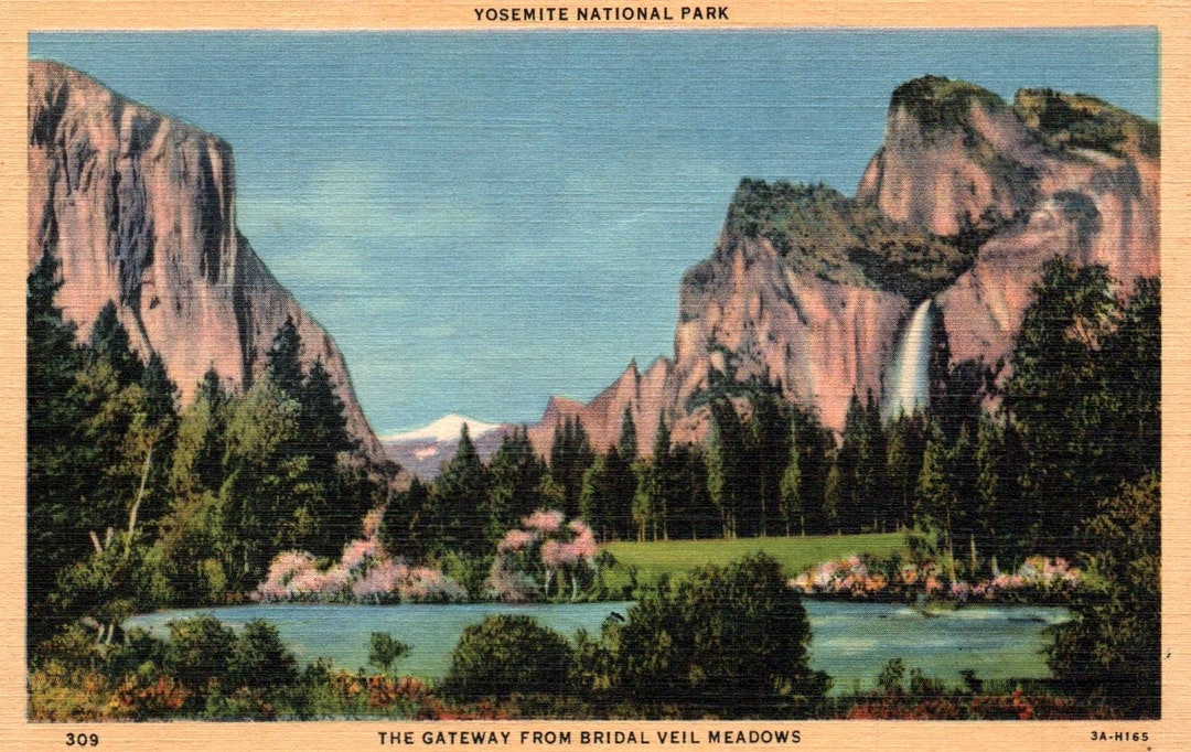 Linen Postcard, Yosemite, National Park, Bridal Veil Meadows, Gateway ...