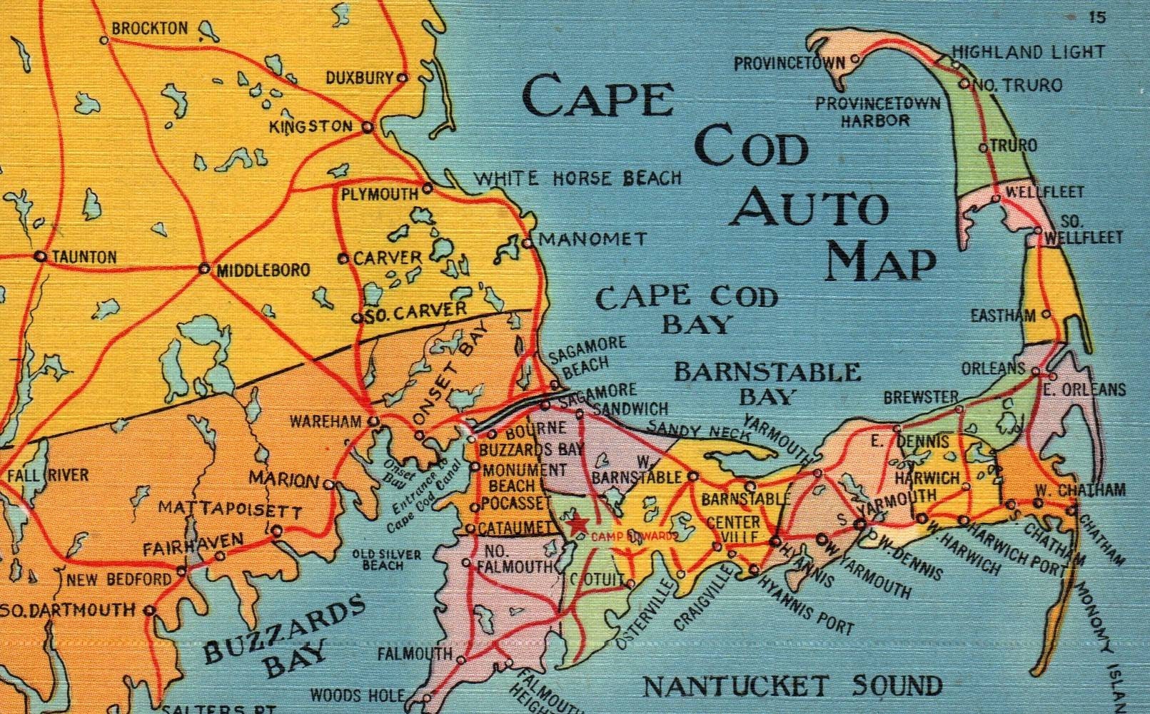 Cape Cod, Auto Map, Massachusetts, Nantucket, Postcard, Vintage ...
