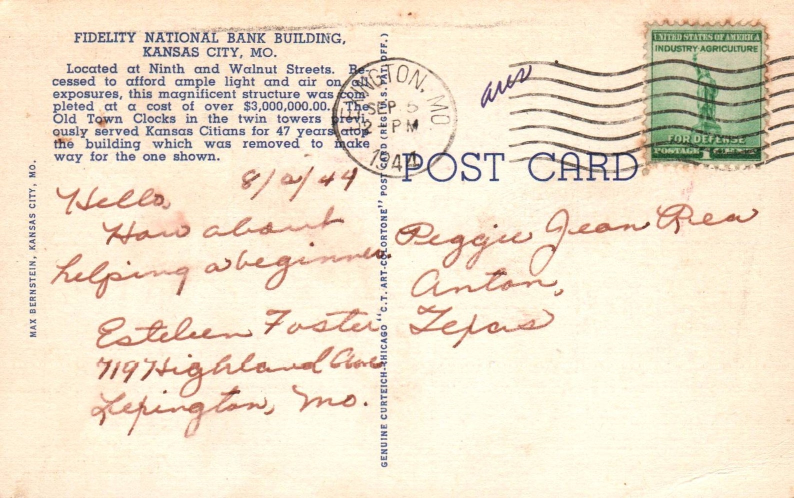 Vintage Postcard, Kansas City, Missouri, Fidelity National Bank ...