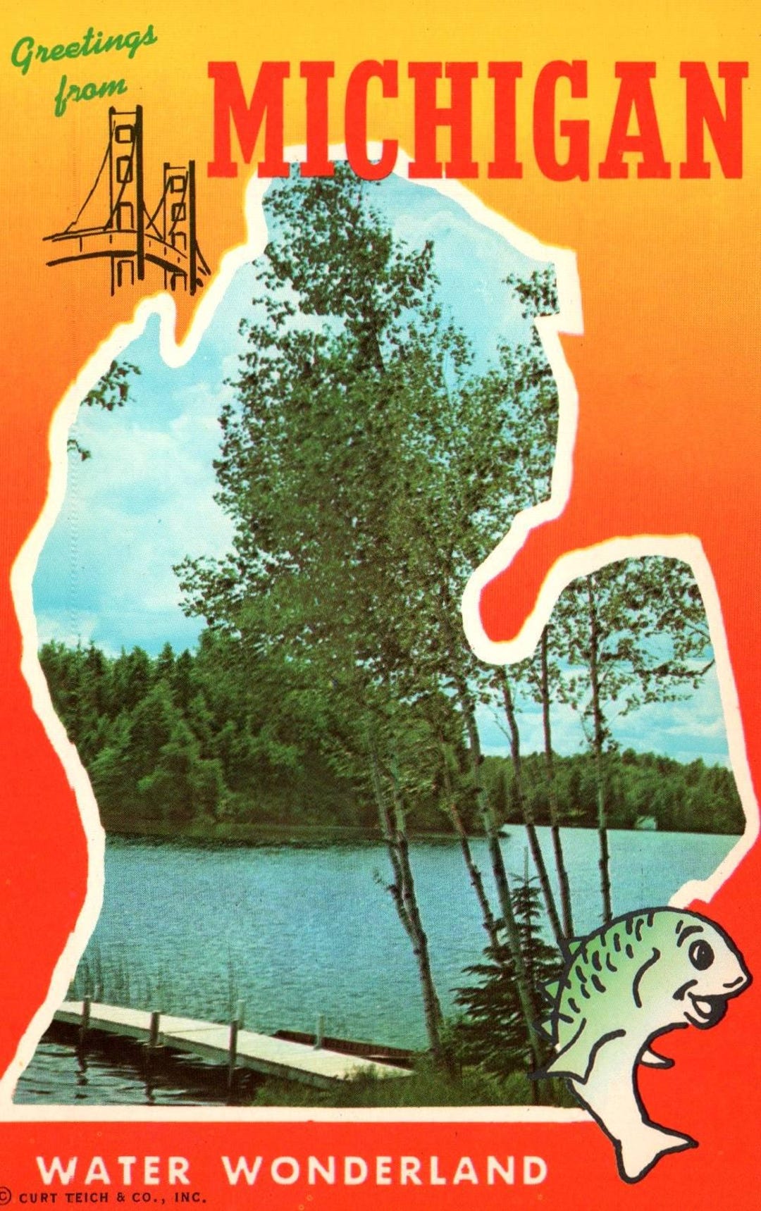 Vintage Postcard, Michigan, State Map, Fishing, Great Lakes, Mackinac ...