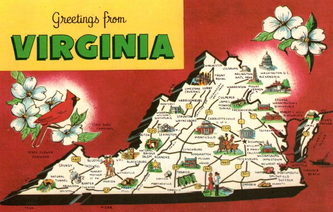 Vintage Postcard, Virginia, Map, Gift, Birthday, State, Antique Paper ...