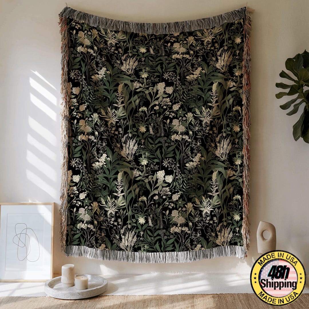Forest Woven Blanket Dark Academia Botanical Leaf Pattern Tapestry 100% ...