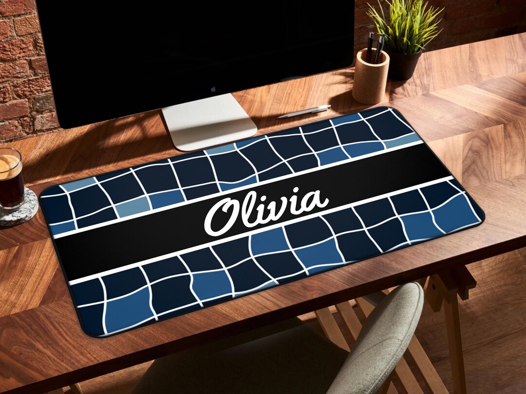 Custom Abstract Grid Desk Mat, Personalized Navy Blue Wavy Checkered ...