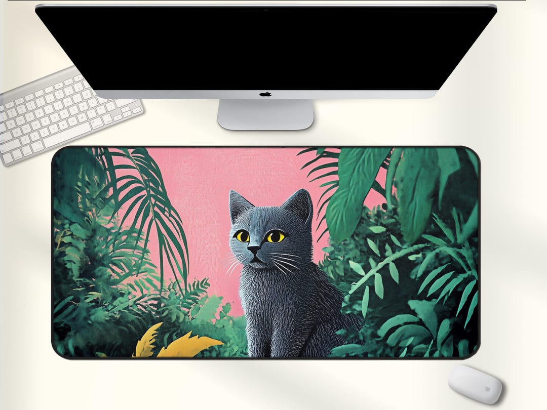 Jungle Cat Mouse Pad, Gray Cat Desk Mat, Tropical Foliage Desk Pad ...