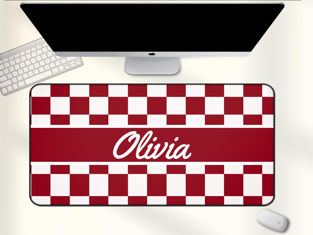 Custom Red Checkerboard Desk Mat With Name, Personalized Retro Mouse ...