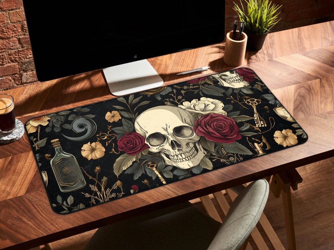 Elegant Gothic Skull Desk Mat, Occult Floral Mouse Pad, Dark Academia ...