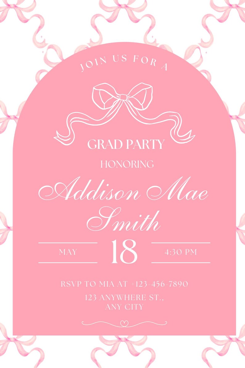 Pink Bow Graduation Party Invitation Template, Cute Coquette Aesthetic ...