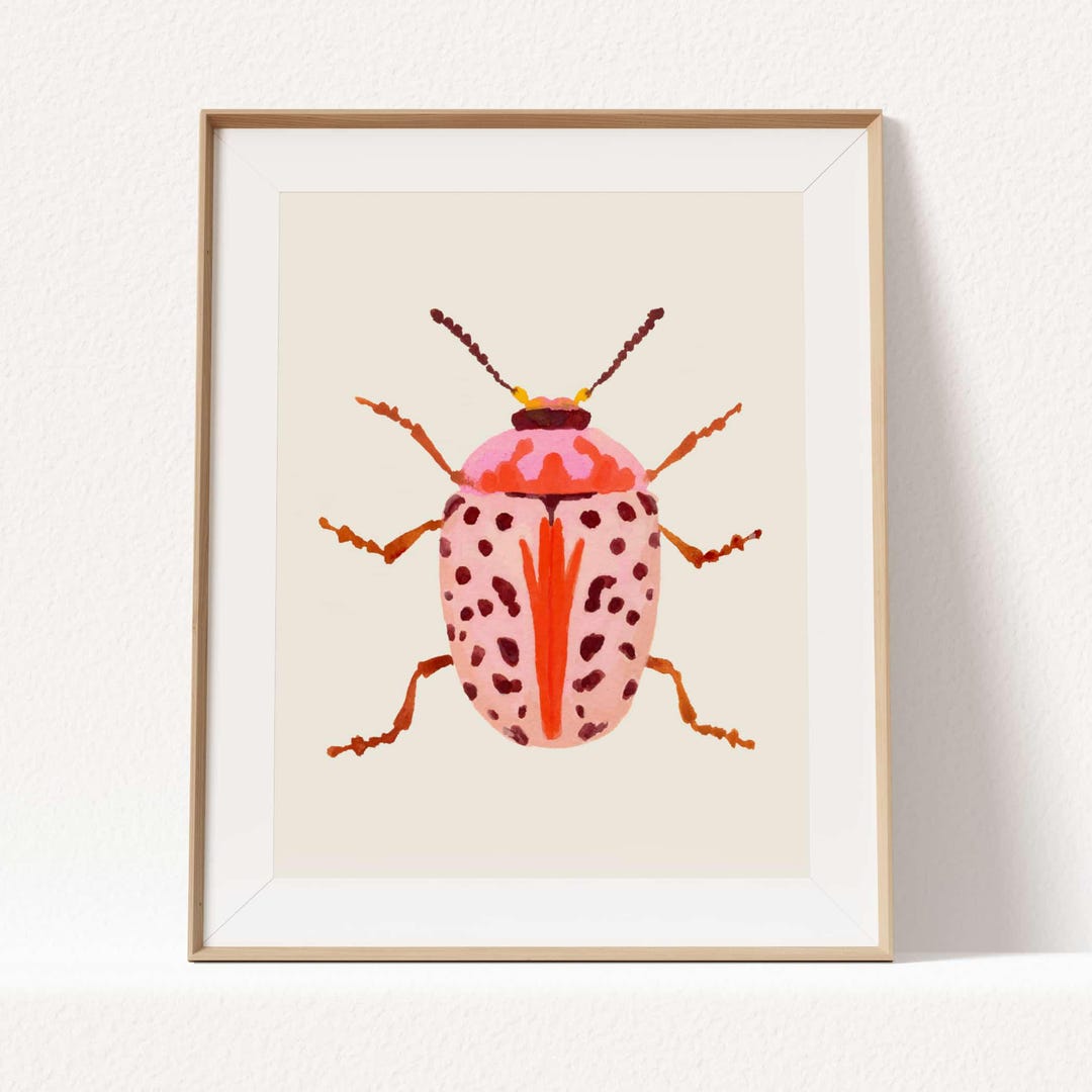 Pink Beetle Gouache Art Print - Watercolor Insect Painting - Colorful ...