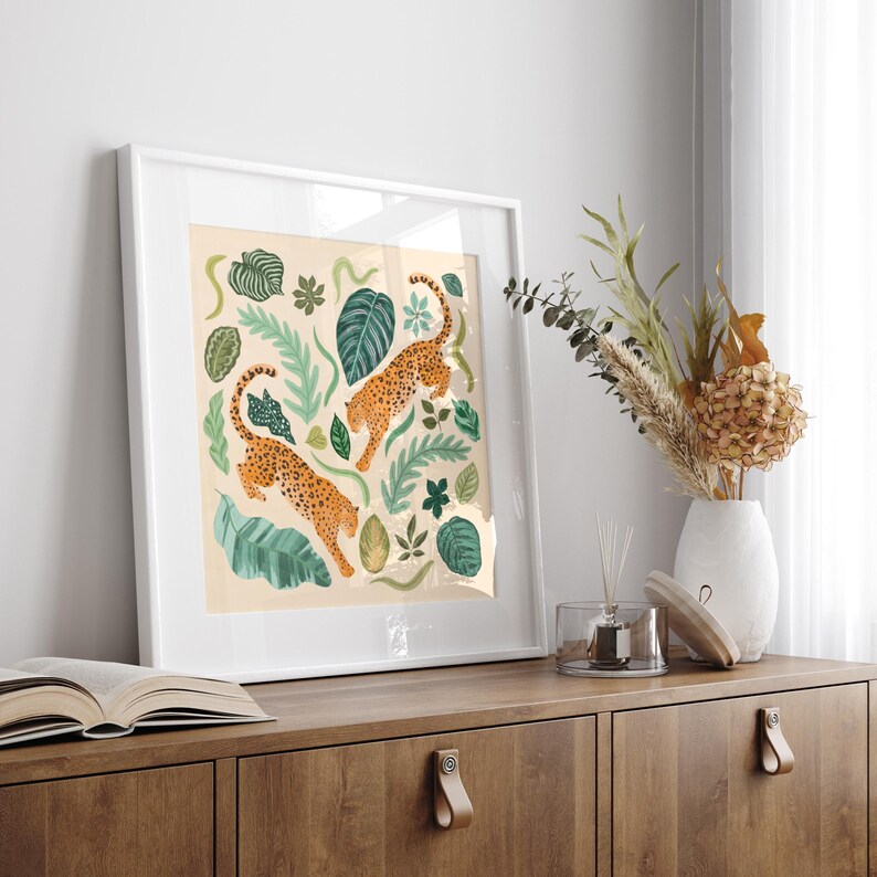 Jaguar Jungle Art Print | Bold Leopard Animal Wall Decor, Lush ...
