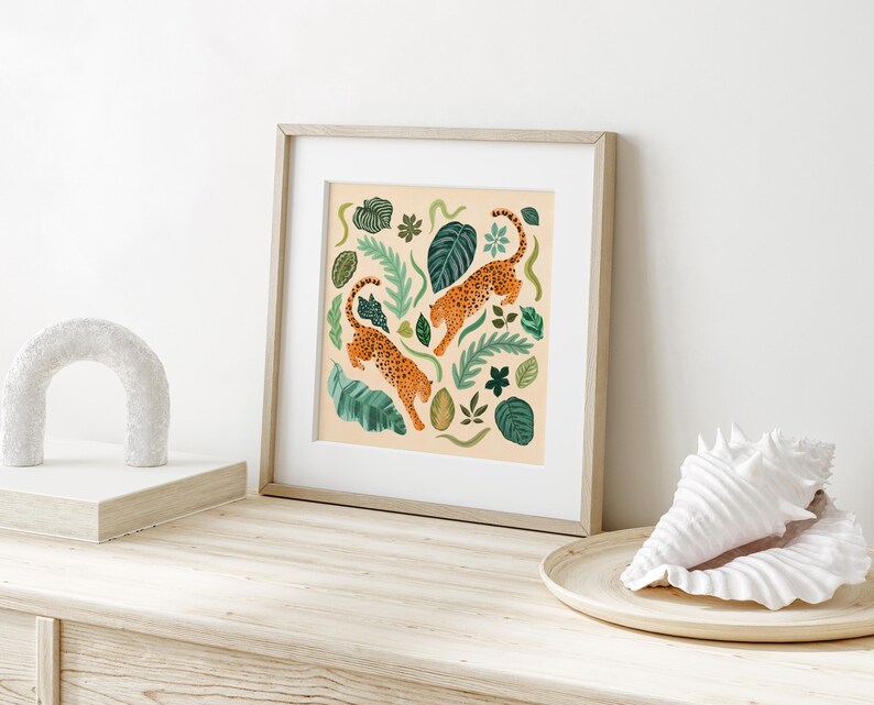 Jaguar Jungle Art Print | Bold Leopard Animal Wall Decor, Lush ...