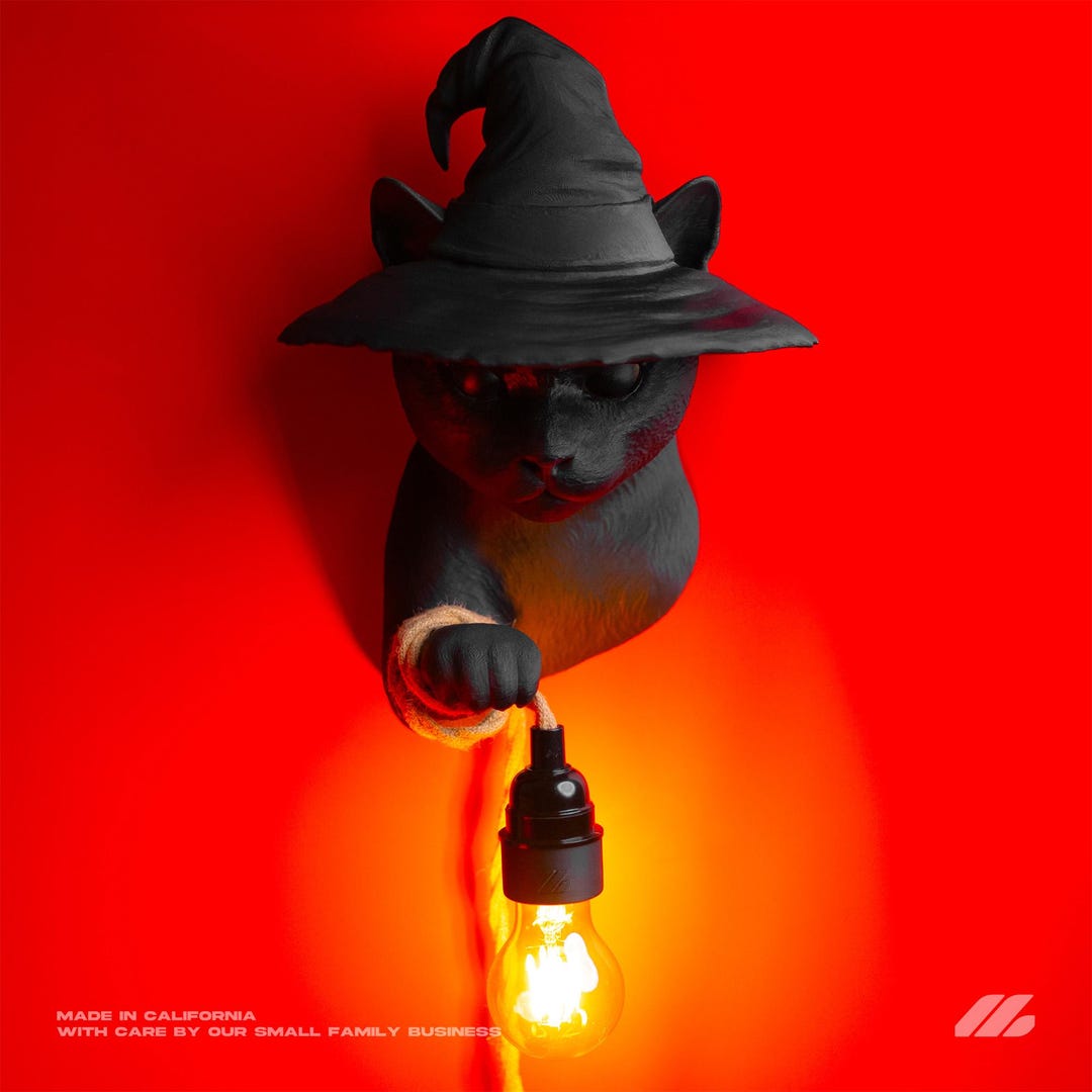 Witch Black Cat Wall Lamp | Spooky Handcrafted Cat Sconce — Gothic 3D ...