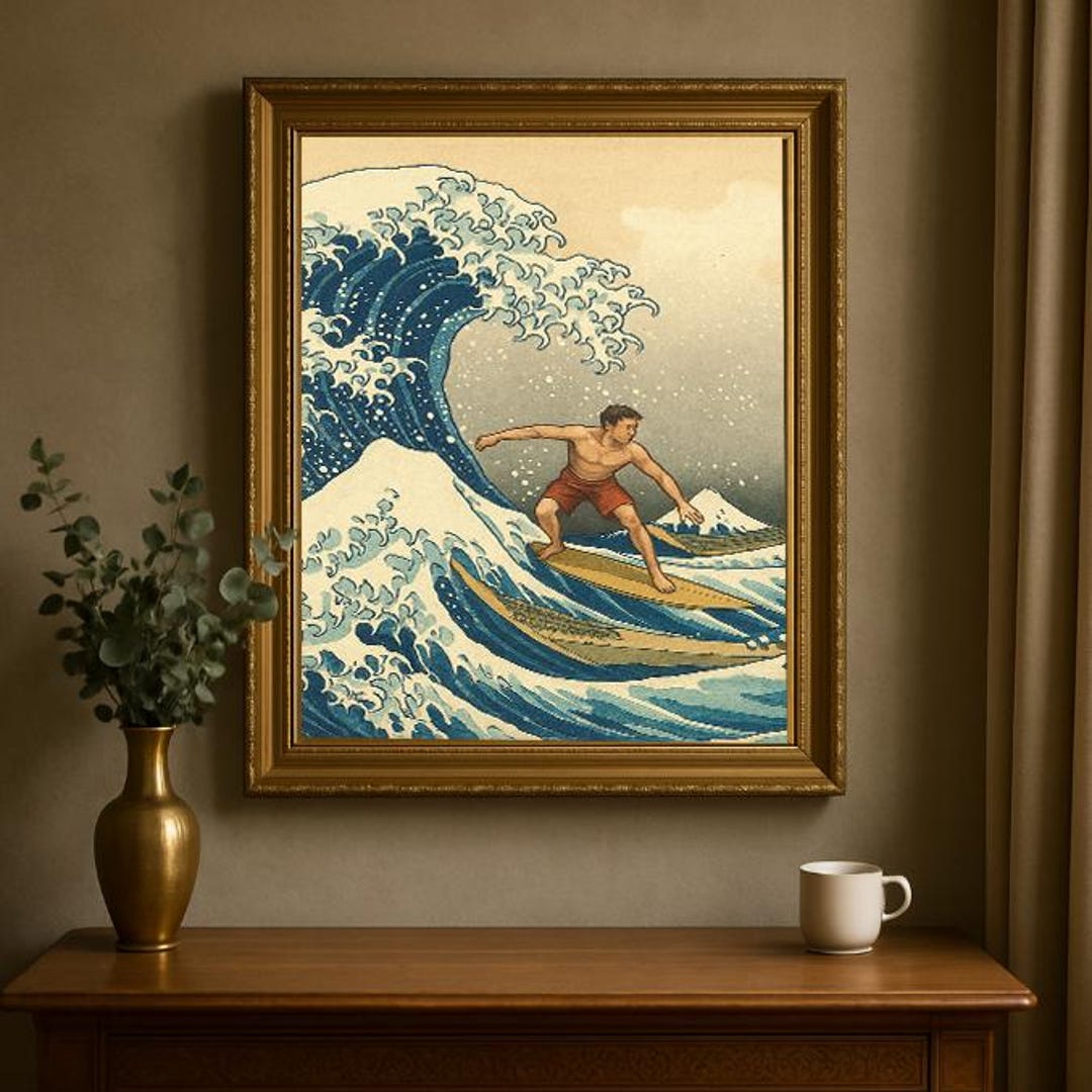 The Great Wave Surfer Poster | Funny Great Wave Parody | Surf Wall Art ...