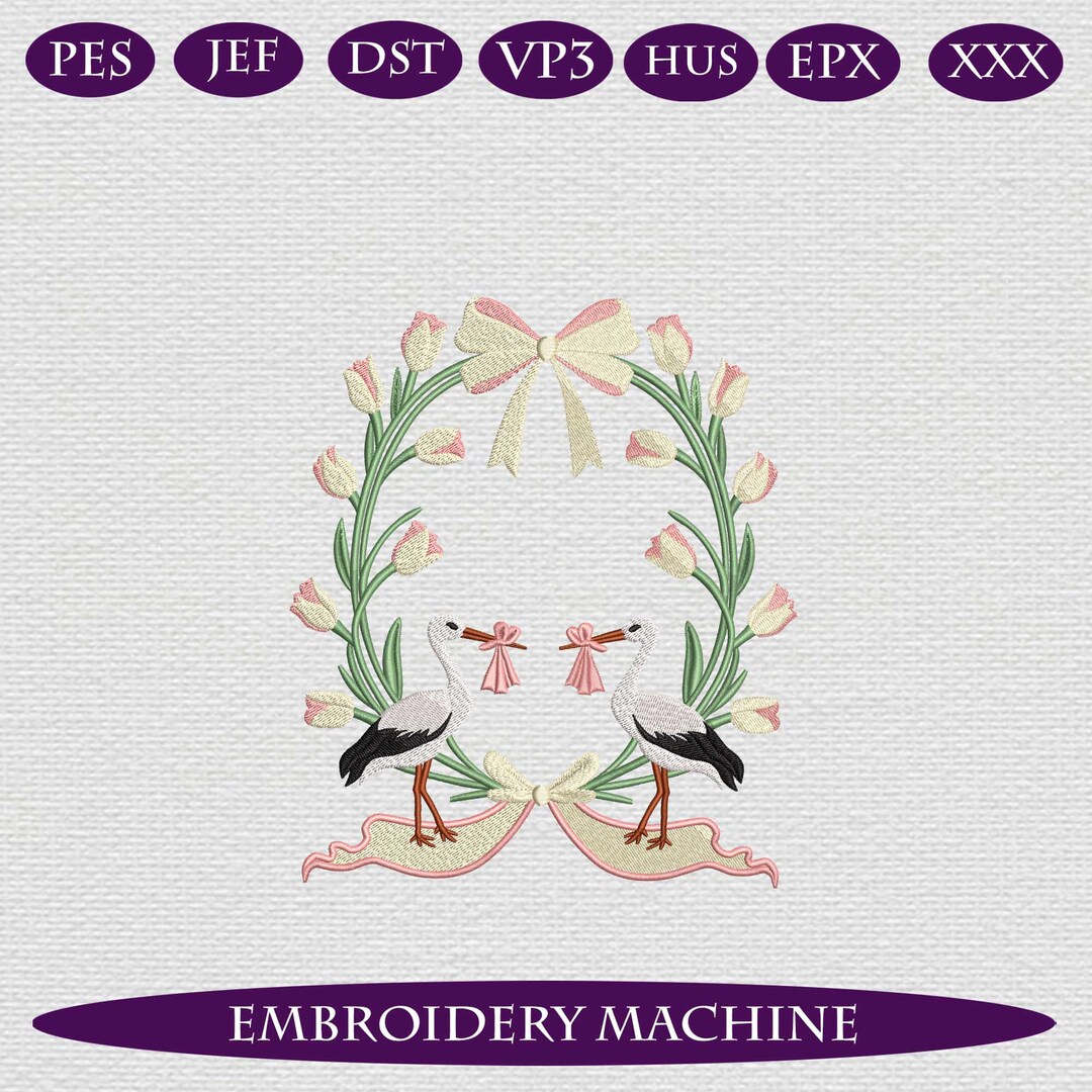 Stork and Tulip Embroidery, Baby Shower Patch, Floral Wreath Design ...