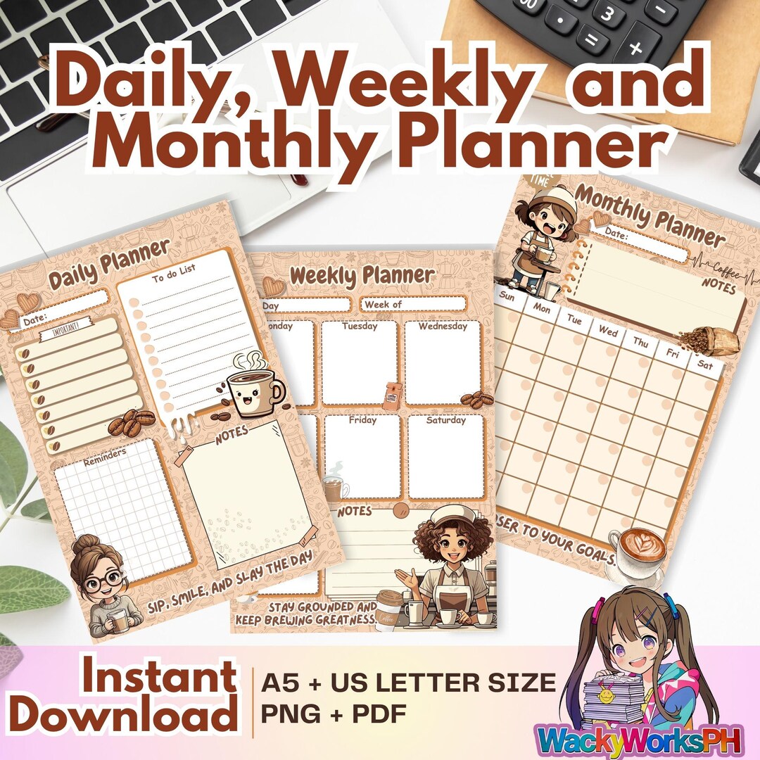 Cute Coffee-themed Digital Planner | Daily, Weekly & Monthly PDF ...
