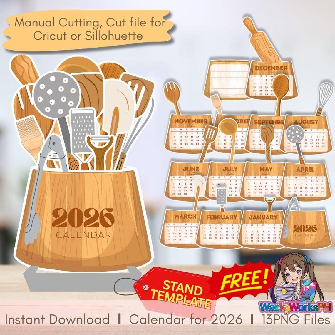 2026 Kitchen Utensils Calendar: Printable DIY Monthly Planner (PNG ...