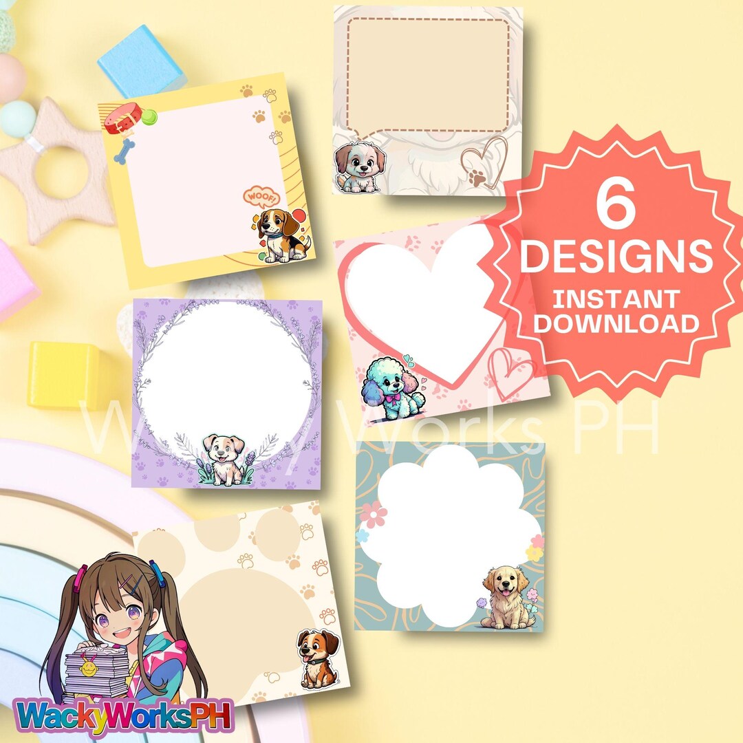 Cute Dog Digital Notepad | 3x3 Sticky Note PNG | Cute Puppy Memo Pad ...