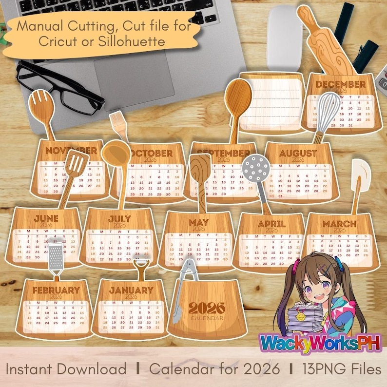 2026 Kitchen Utensils Calendar: Printable DIY Monthly Planner (PNG ...